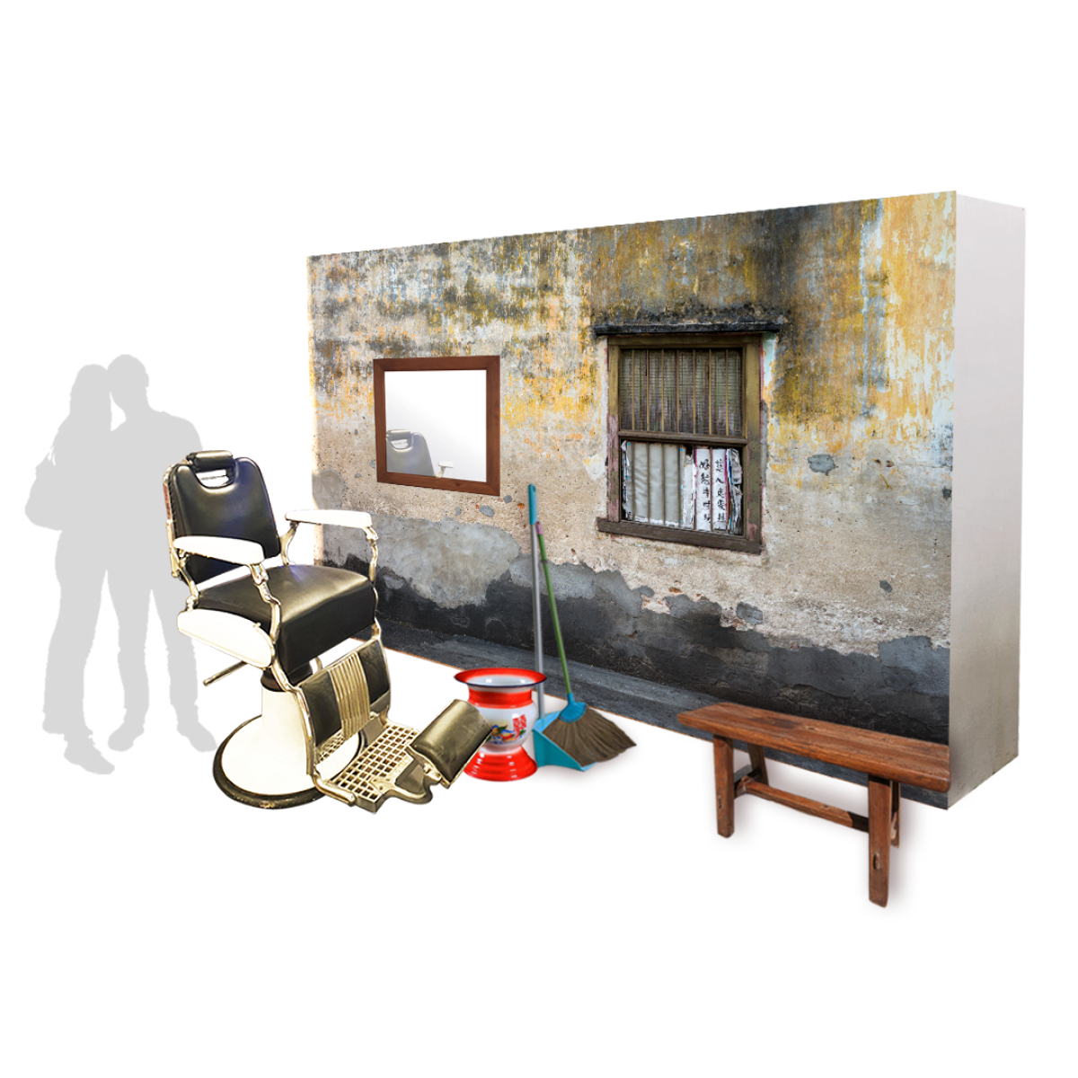 Barber Alley Backdrop with Shelter, Wooden Bench and Barbering Setup ...