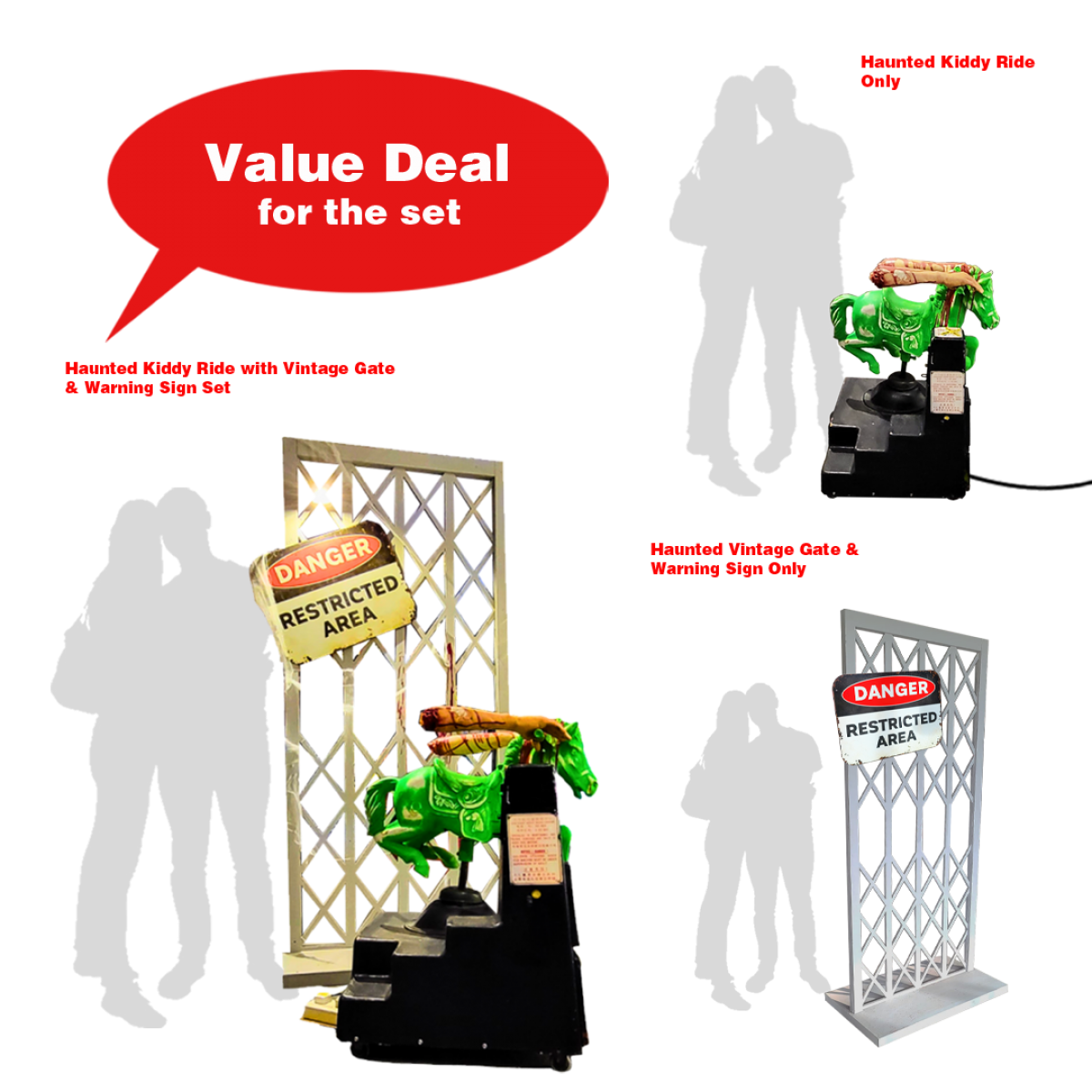 "Haunted" Kiddy Ride with Arm Props, Vintage Gate Standee and Warning ...