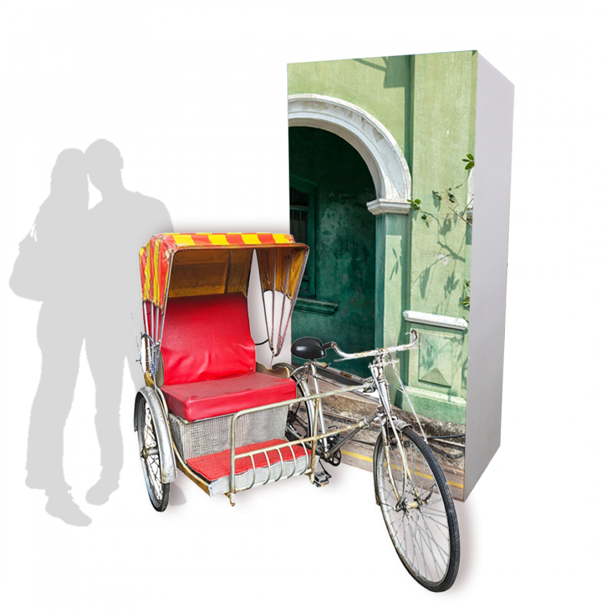 Heritage Street Scene Backdrop with Trishaw, Carrying Pole Booth and ...