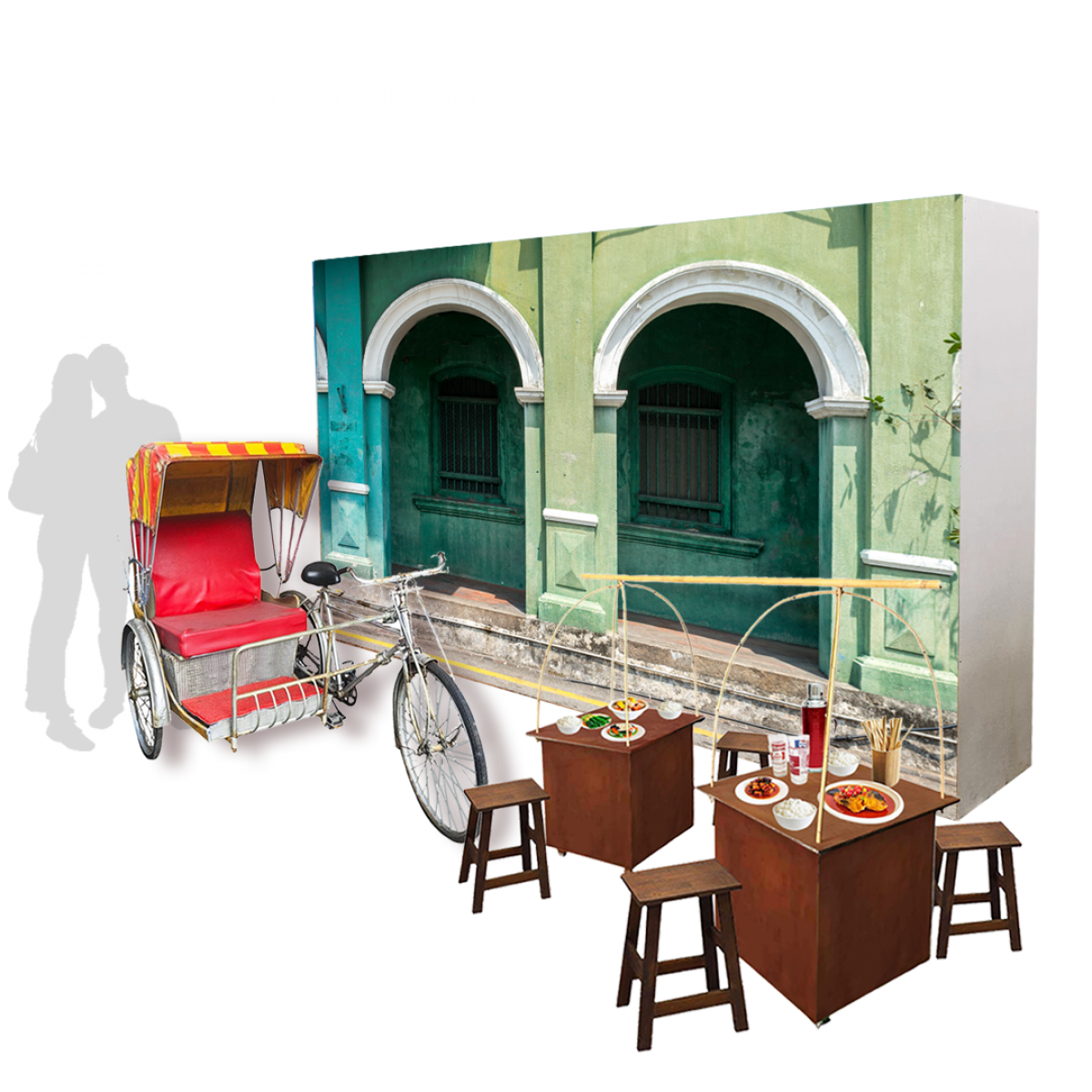 Heritage Street Scene Backdrop with Trishaw, Carrying Pole Booth and ...