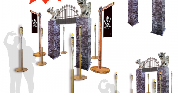 Medieval Castle Entrance Arch with Bamboo Light Torches and Wooden Pole ...